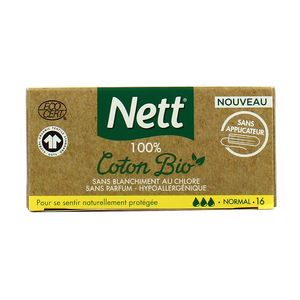 Nett Tampon sans applicateur flux normal 100% coton bio, 16 pièces