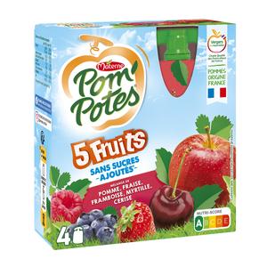 Pom Potes Compotes 5 fruits Rouges sans sucres ajoutés, 4 gourdes de 90g