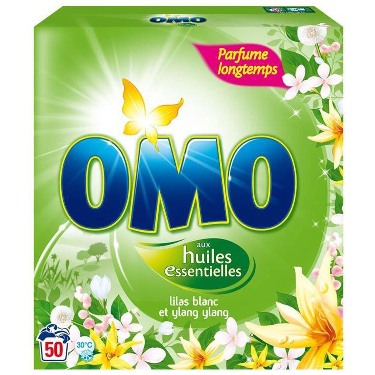 Omo Lessive en poudre lilas blanc et ylang ylang 50 lavages, 4kg : houra.fr