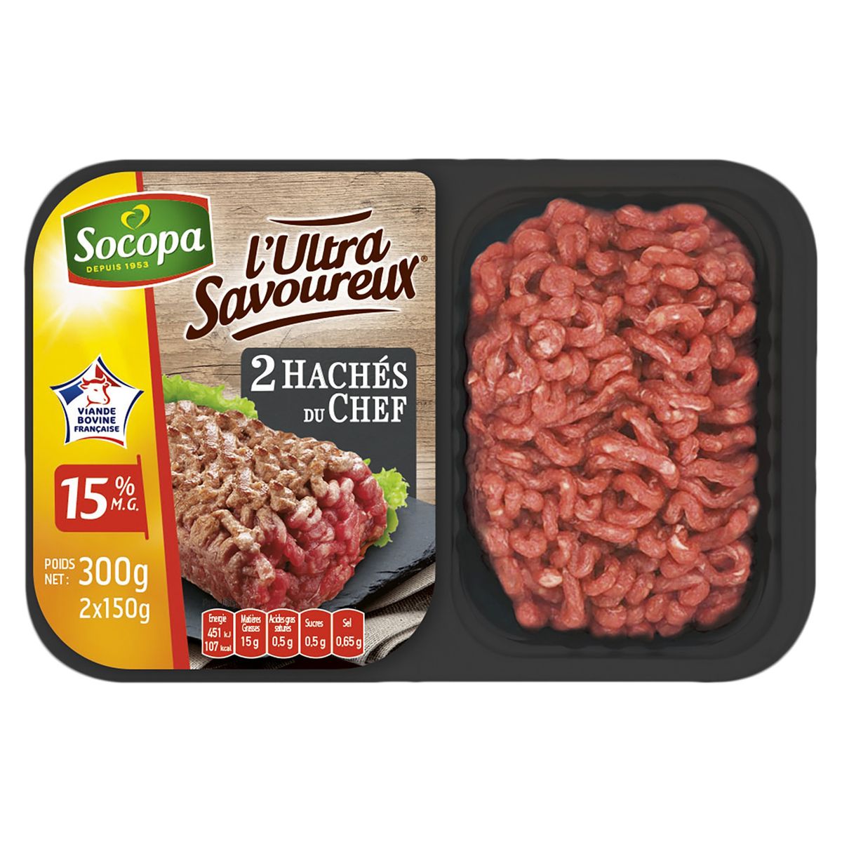 Socopa - L'Ultra Savoureux 2 Hachés du chef au boeuf nature 15%MG 2x150g