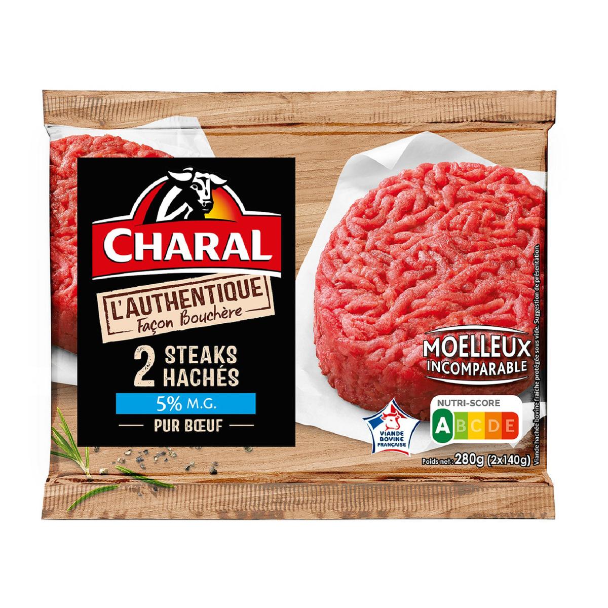 Achat Charal 2 Steaks hachés 5% MG L'Autentique Façon Bouchère 2x140g