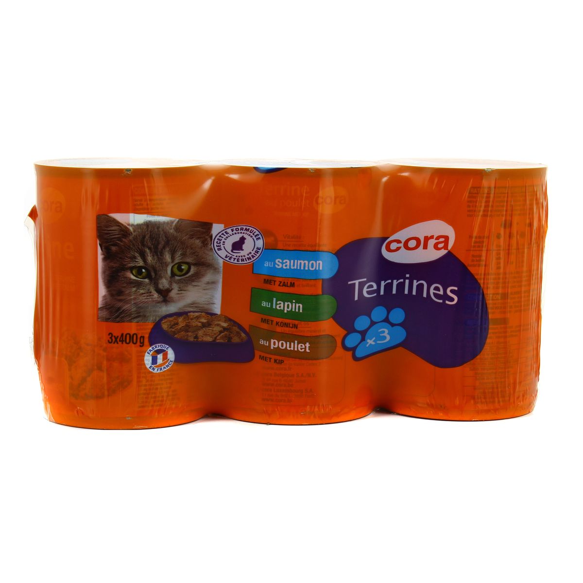 Achat / Vente Cora Terrines pour chat saumon, poulet, lapin, 3x 400g