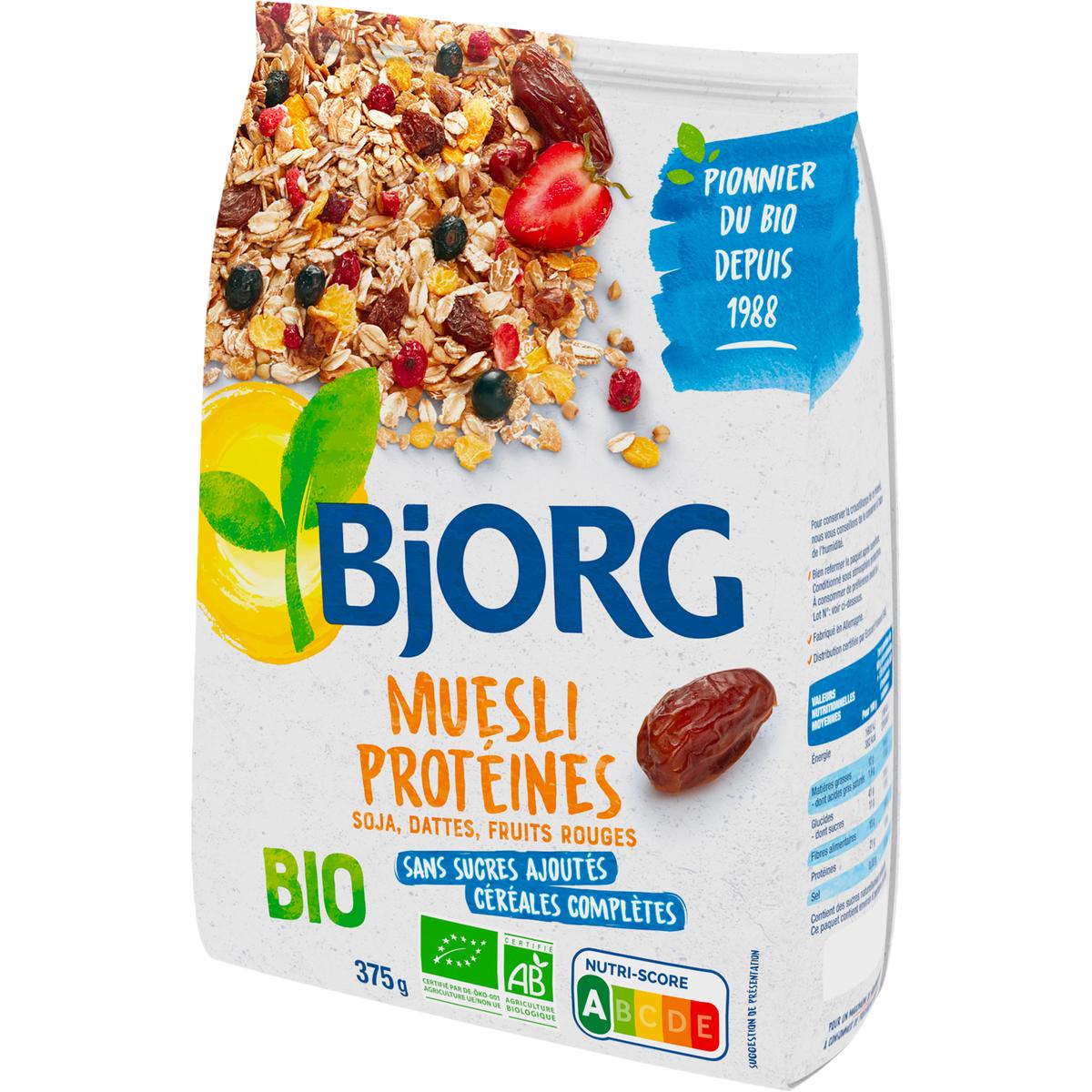 Acheter Bjorg Muesli protéines soja, dattes, fruits rouges bio, 375g