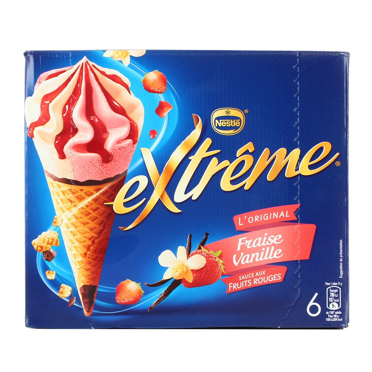 Extrême 6 Cônes Glacés Fraise Vanille Et Sauce Aux Fruits Rouges 6x120ml
