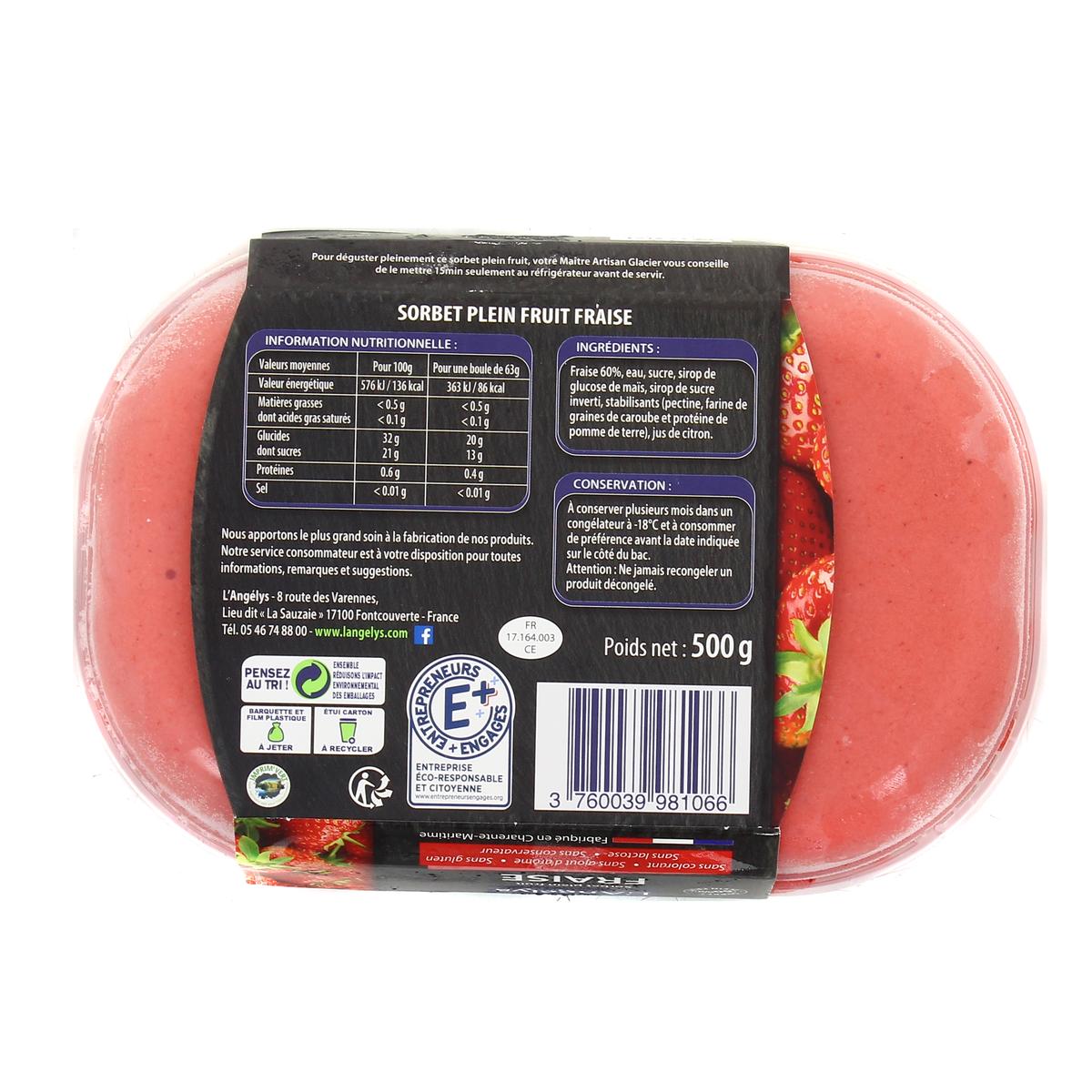 L'Angelys Sorbet artisanal plein fruit fraise (55%) 750ml, Bac de 500g