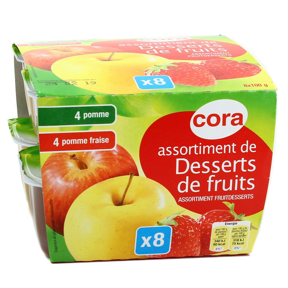Acheter Cora Assortiment de desserts de fruits pomme fraise, 8x100g